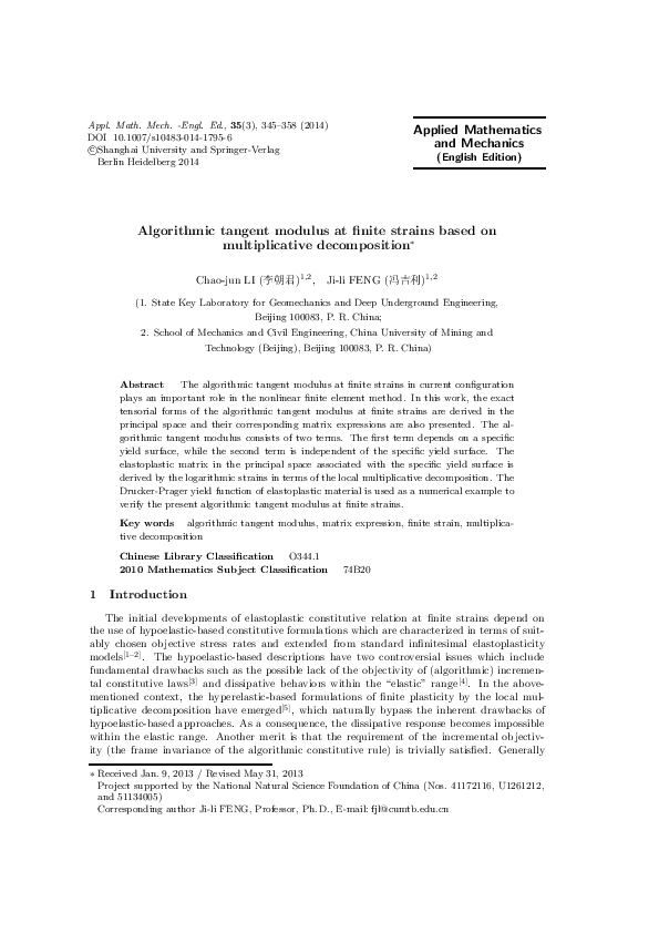 (PDF) Algorithmic tangent modulus at finite strains based on multiplicative decomposition
