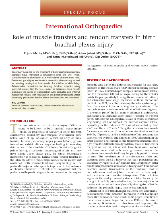 (PDF) Role of muscle transfers and tendon transfers in birth brachial ...