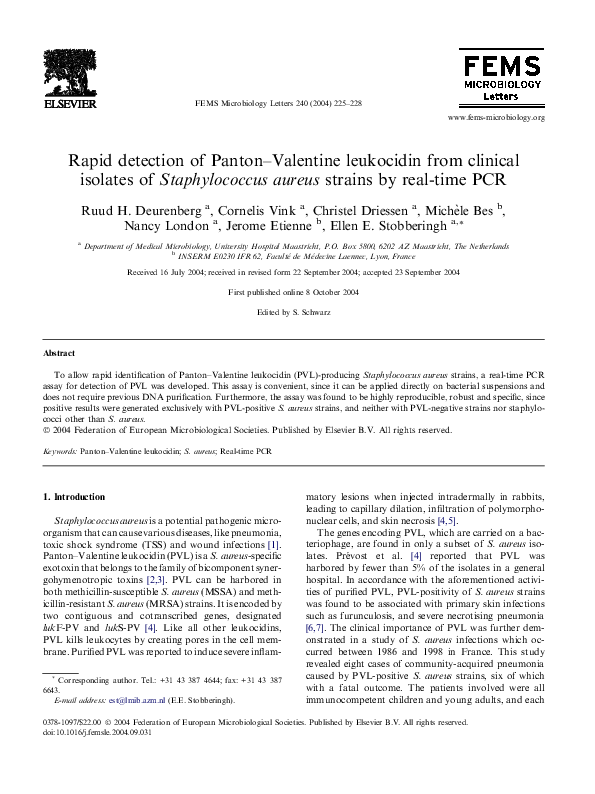 (PDF) Rapid detection of Panton–Valentine leukocidin-positive Staphylococcus aureus by real-time ...