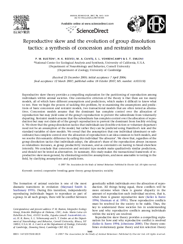(PDF) Reproductive skew and the evolution of group dissolution tactics ...