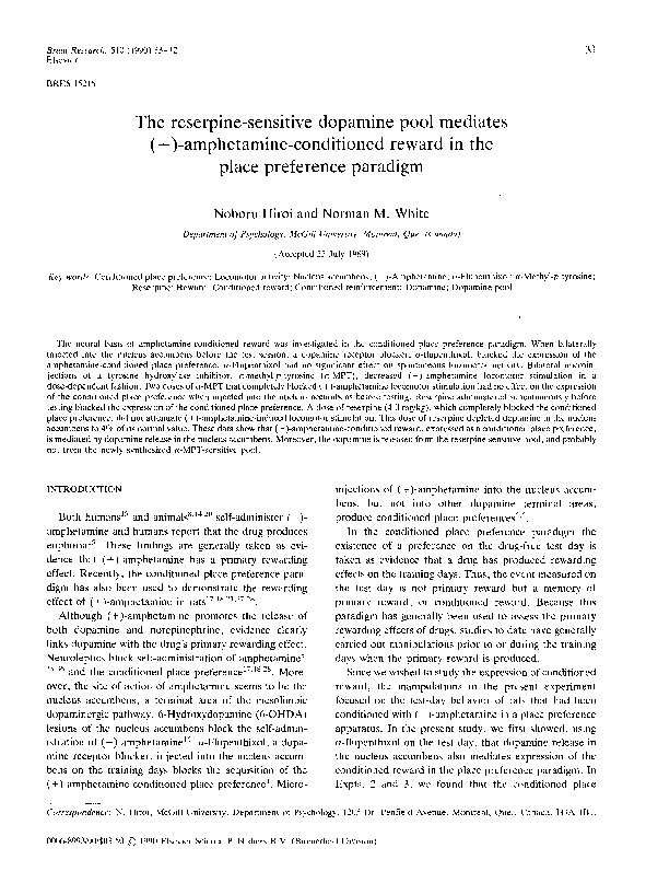(PDF) The reserpine-sensitive dopamine pool mediates (+)-amphetamine ...