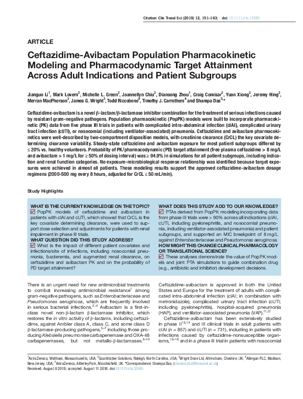 (PDF) Ceftazidime-Avibactam Population Pharmacokinetic Modeling and Pharmacodynamic Target ...