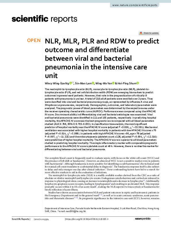 (PDF) NLR, MLR, PLR and RDW to predict outcome and differentiate ...
