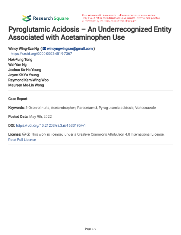 (PDF) Pyroglutamic Acidosis – An Underrecognized Entity Associated with ...