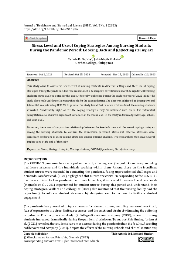 (PDF) Stress Level and Use of Coping Strategies Among Nursing Students During the Pandemic ...