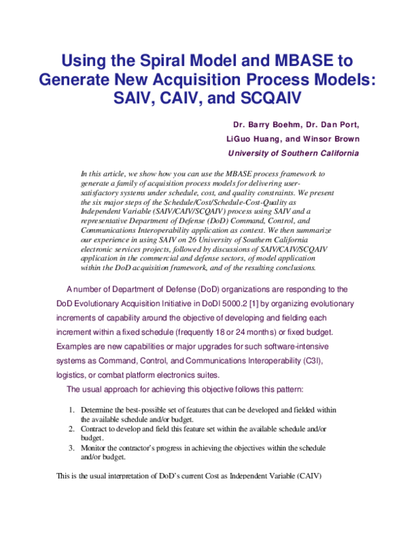 (PDF) Using the Spiral Model and MBASE to Generate New Acquisition Process Models: SAIV, CAIV ...