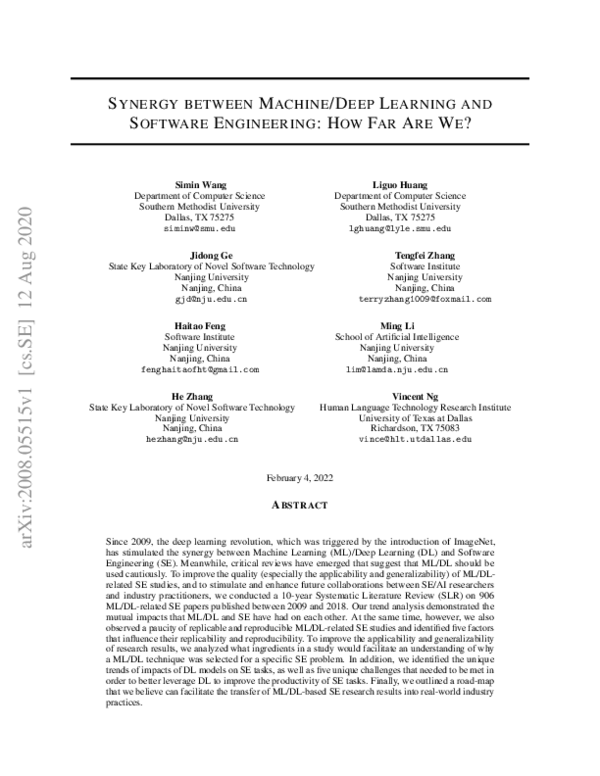 (PDF) Synergy between Machine/Deep Learning and Software Engineering: How Far Are We?