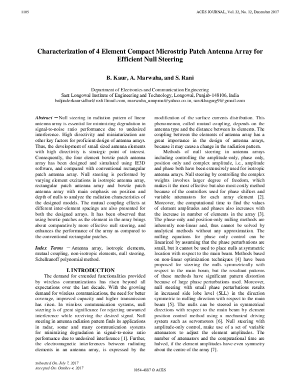 Pdf Characterization Of 4 Element Compact Microstrip Patch Antenna Array For Efficient Null