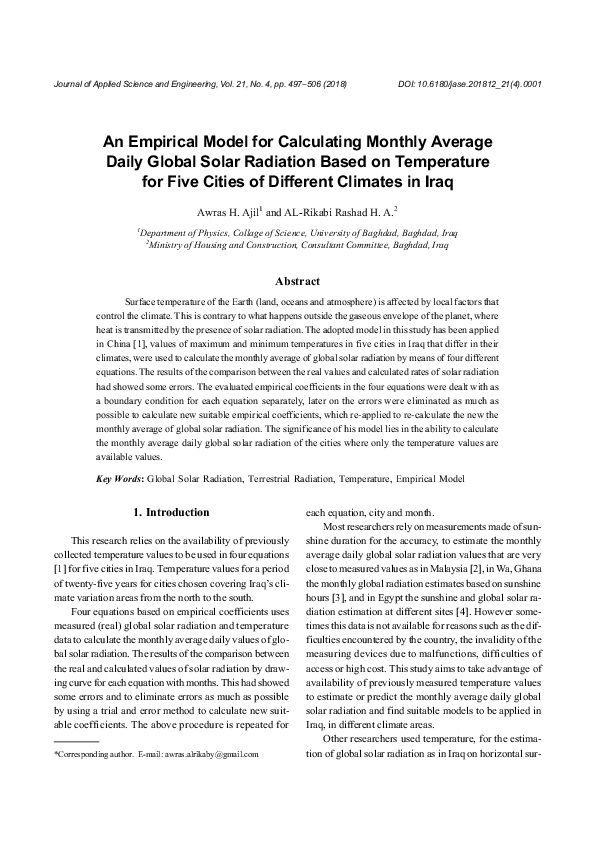 Pdf An Empirical Model For Calculating Monthly Average Daily Global Solar Radiation Based On