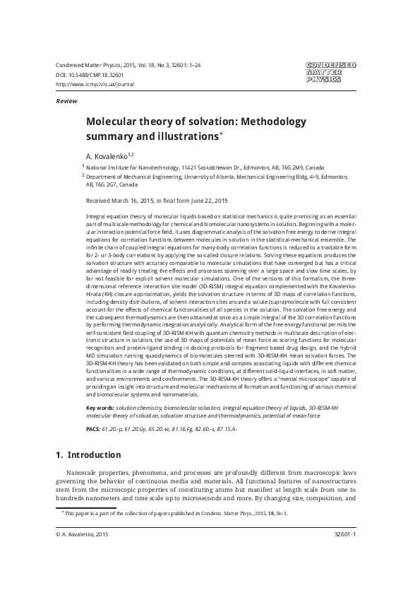 (PDF) Molecular theory of solvation: Methodology summary and illustrations