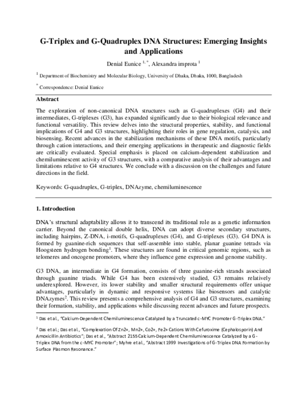 (PDF) G-Triplex and G-Quadruplex DNA Structures: Emerging Insights and Applications