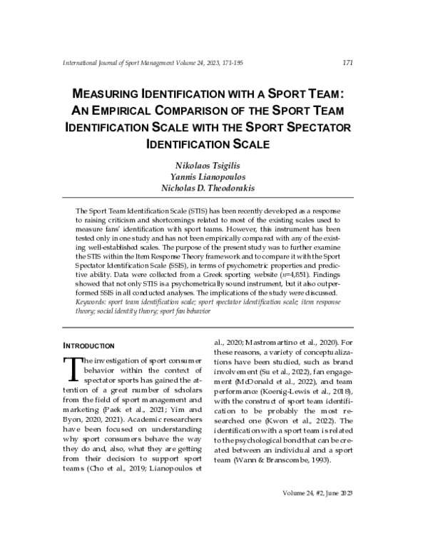 (PDF) MEASURING IDENTIFICATION WITH A SPORT TEAM: AN EMPIRICAL ...