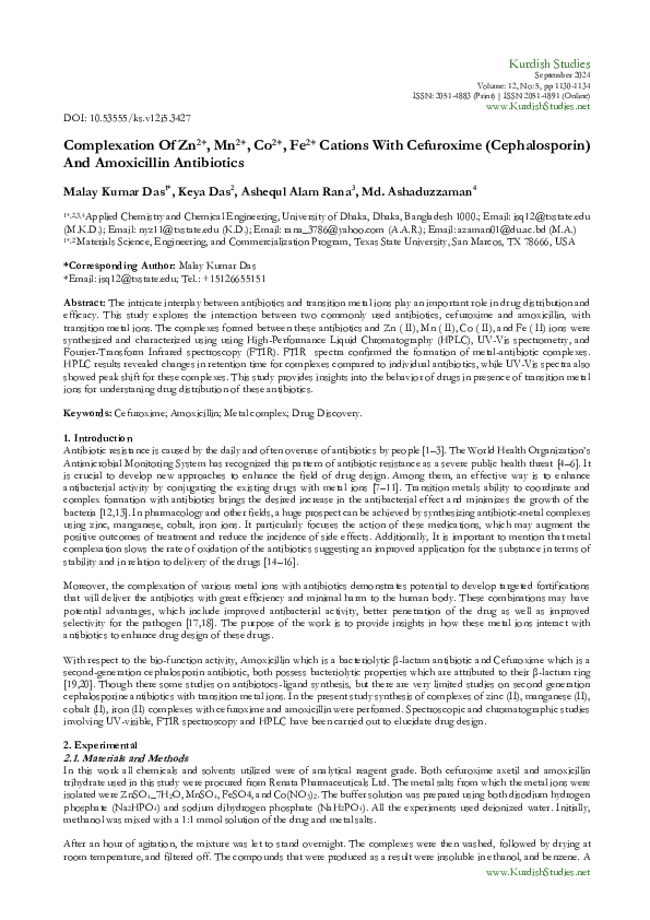 (PDF) Complexation Of Zn 2+ , Mn 2+ , Co 2+ , Fe 2+ Cations With Cefuroxime (Cephalosporin) And ...