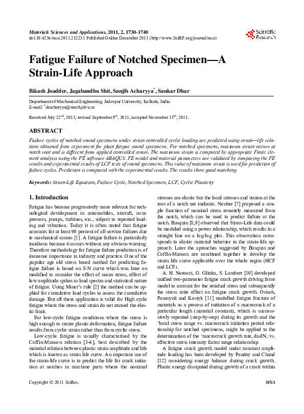 (PDF) Fatigue Failure of Notched Specimen—A Strain-Life Approach