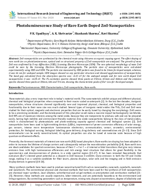 (PDF) Photoluminescence Study of Rare Earth Doped ZnO Nanoparticles
