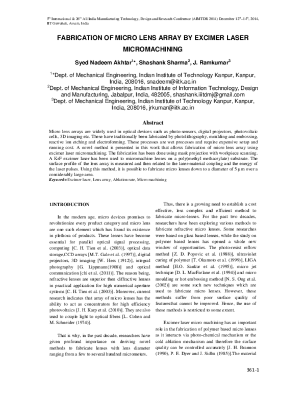 (PDF) Fabrication of Micro Lens Array by Excimer Laser Micromachining