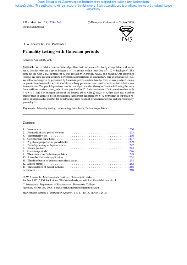 (PDF) Primality testing with Gaussian periods