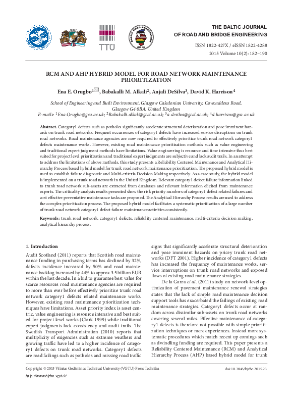 (PDF) RCM and AHP hybrid model for road network maintenance prioritization