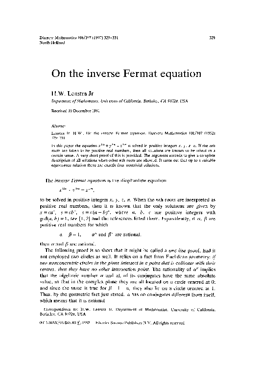 (PDF) On the inverse Fermat equation