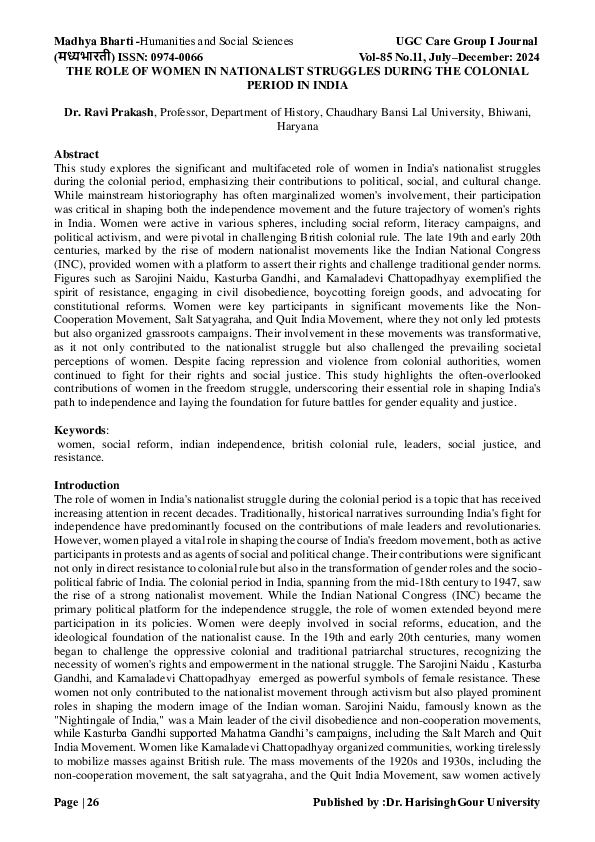 (PDF) THE ROLE OF WOMEN IN NATIONALIST STRUGGLES DURING THE COLONIAL ...