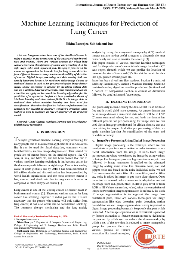 (PDF) Machine Learning Techniques for Prediction of Lung Cancer