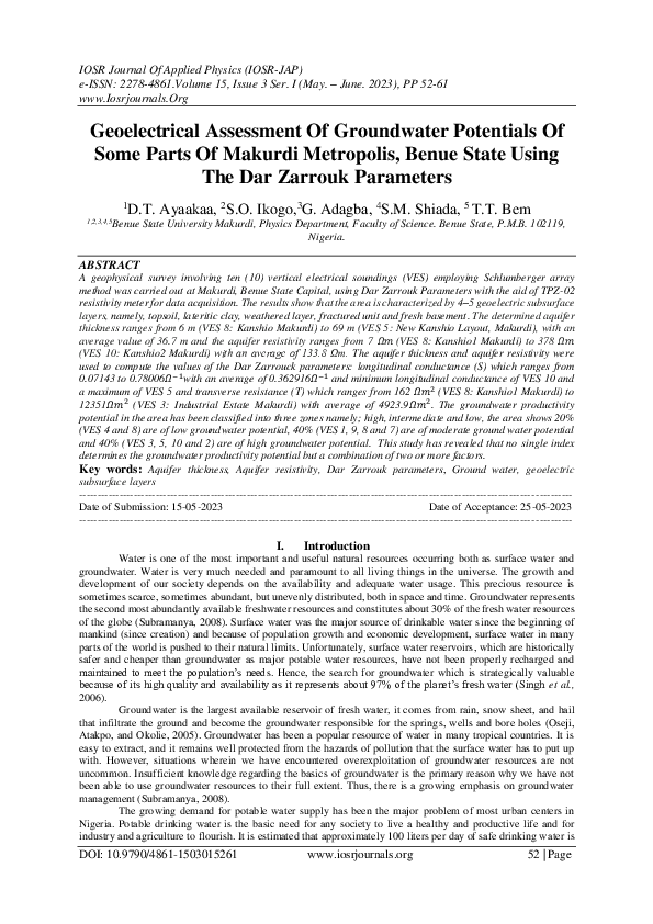 (PDF) Geoelectrical Assessment Of Groundwater Potentials Of Some Parts Of Makurdi Metropolis ...