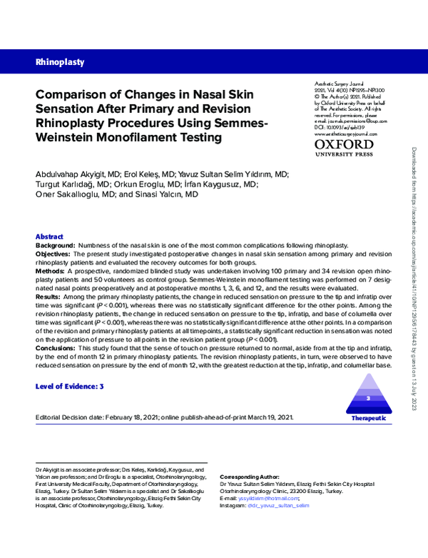 (PDF) Comparison of Changes in Nasal Skin Sensation After Primary and ...