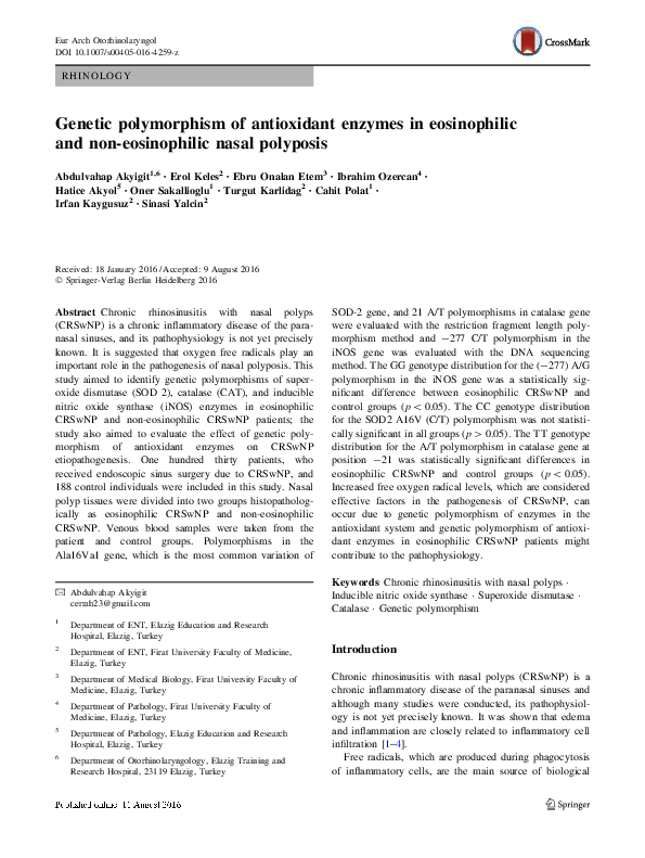 (PDF) Genetic polymorphism of antioxidant enzymes in eosinophilic and non-eosinophilic nasal ...