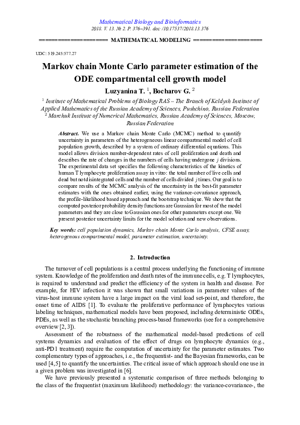 (PDF) Markov Chain Monte Carlo Parameter Estimation of the ODE Compartmental Cell Growth Model