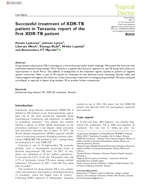 (PDF) Successful treatment of XDR-TB patient in Tanzania: report of the first XDR-TB patient