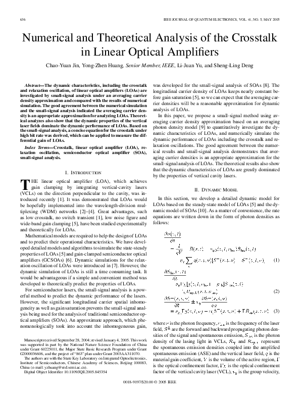 (PDF) Numerical and theoretical analysis of the crosstalk in linear optical amplifiers