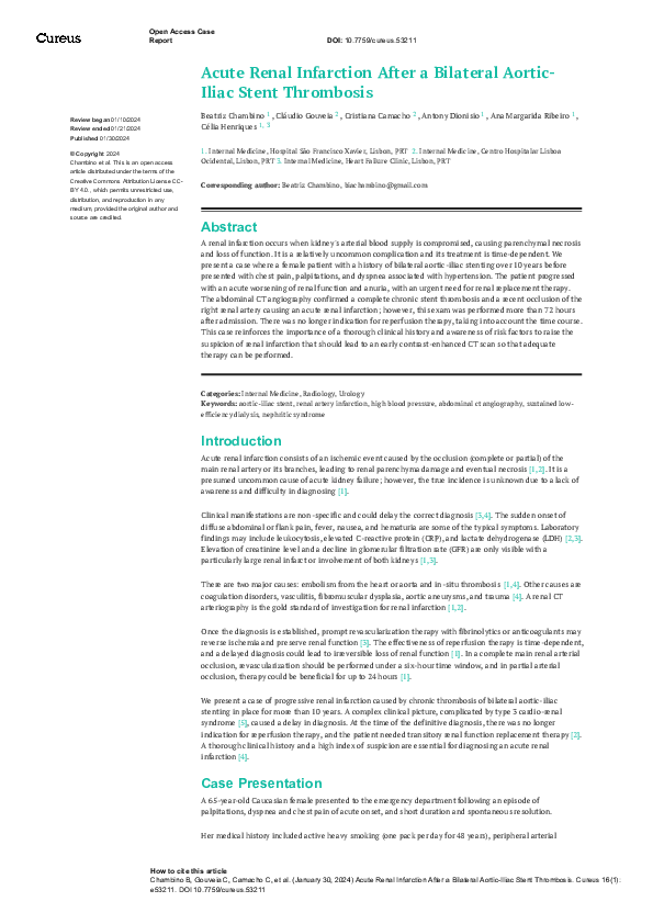 (PDF) Acute Renal Infarction After a Bilateral Aortic-Iliac Stent ...