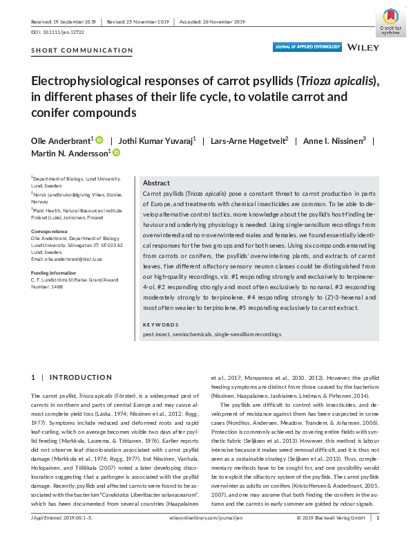 (PDF) Electrophysiological responses of carrot psyllids ( Trioza ...