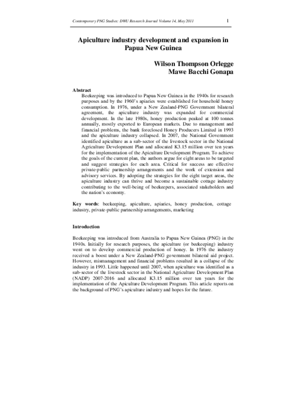 (PDF) Apiculture Industry Development and Expansion in Papua New Guinea