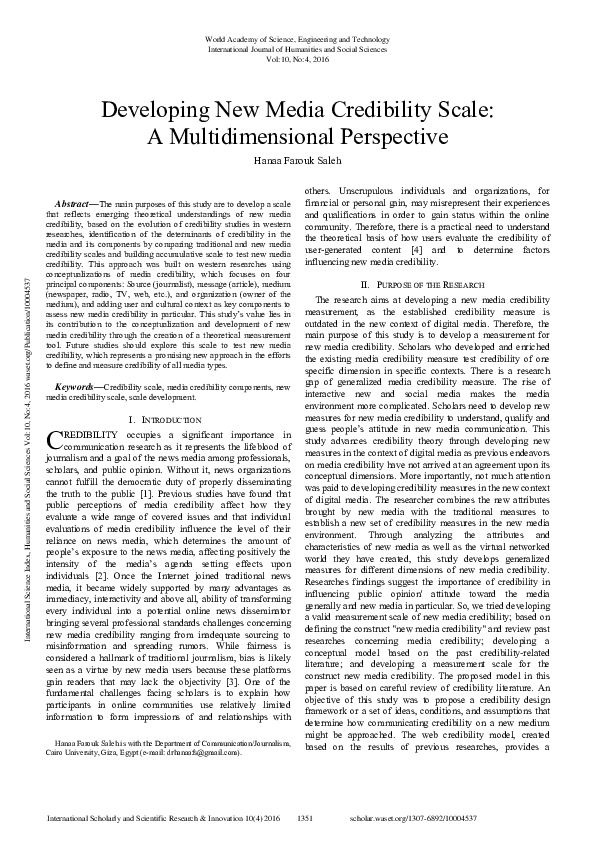 (PDF) Developing New Media Credibility Scale: A Multidimensional ...