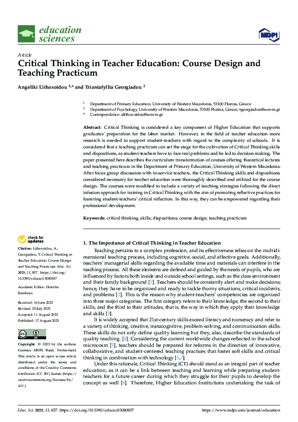 (PDF) Critical Thinking in Teacher Education: Course Design and ...