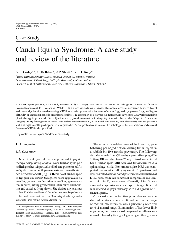 (PDF) Cauda Equina Syndrome: A case study and review of the literature