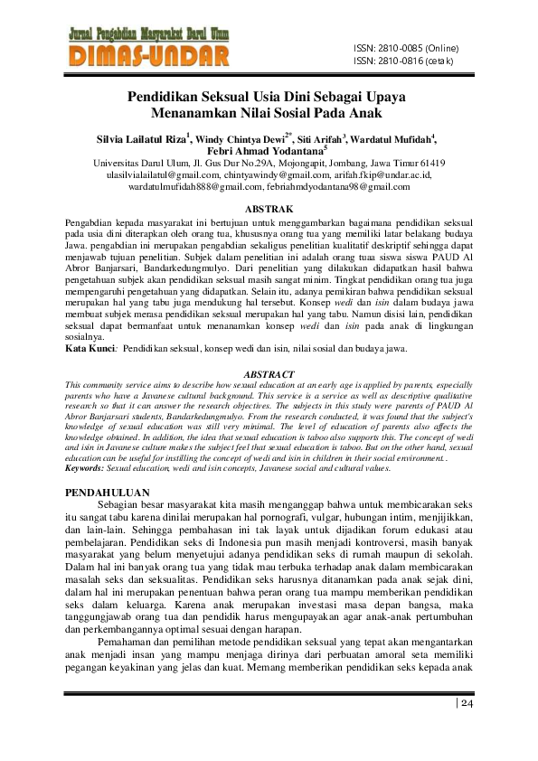 (PDF) Pendidikan Seksual Usia Dini Sebagai Upaya Menanamkan Nilai Sosial Pada Anak