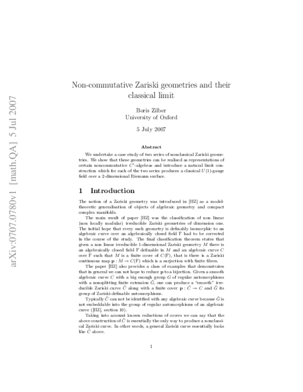 (PDF) Noncommutative Zariski Geometries and Their Classical Limit