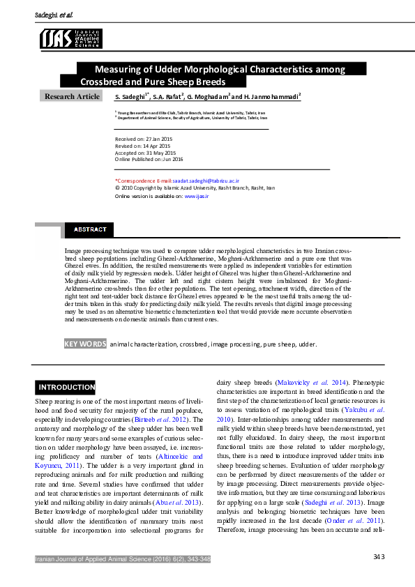 (PDF) Measuring of udder morphological characteristics among crossbred and pure sheep breeds