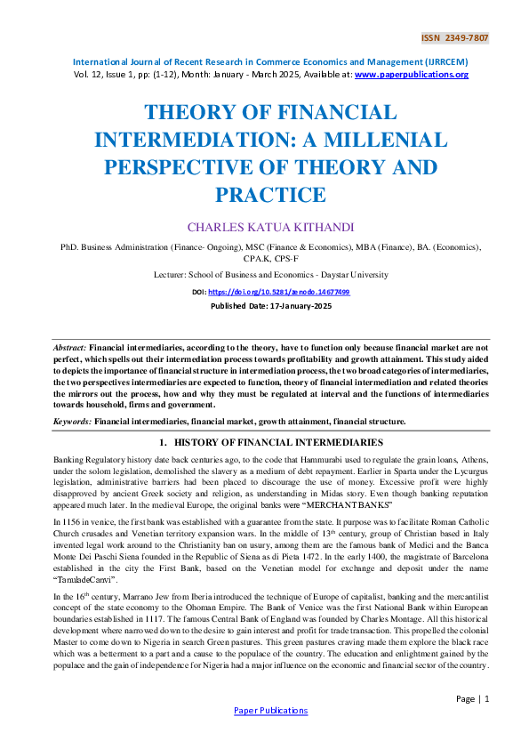 (PDF) THEORY OF FINANCIAL INTERMEDIATION: A MILLENIAL PERSPECTIVE OF ...