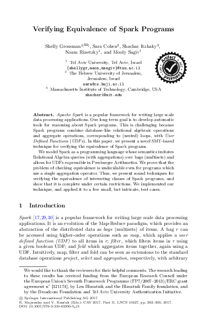 (PDF) Verifying Equivalence of Spark Programs