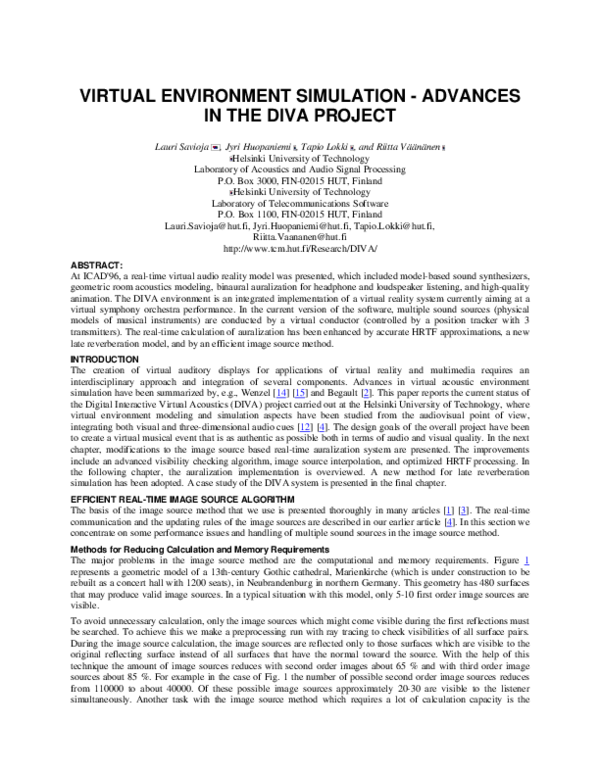 (PDF) Virtual Environment Simulation - Advances in the DIVA project