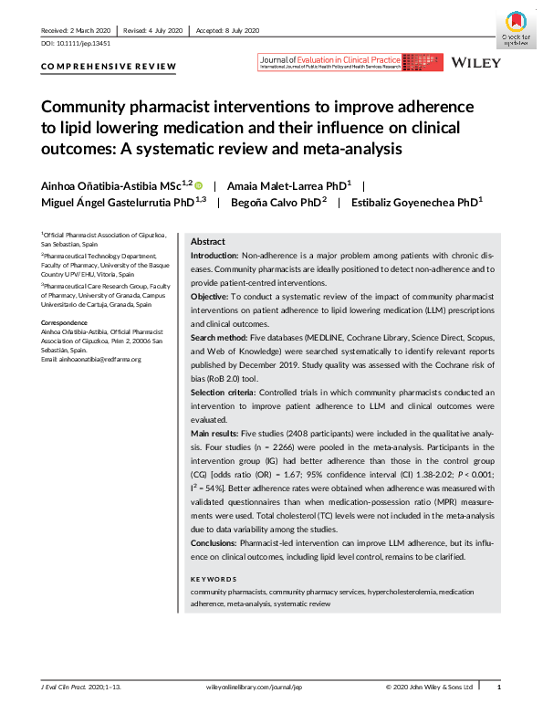 (PDF) Community pharmacist interventions to improve adherence to lipid lowering medication and ...