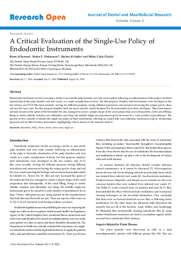 (PDF) A Critical Evaluation of the Single-Use Policy of Endodontic ...