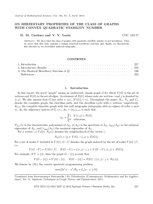(PDF) On hereditary properties of the class of graphs with convex quadratic stability number