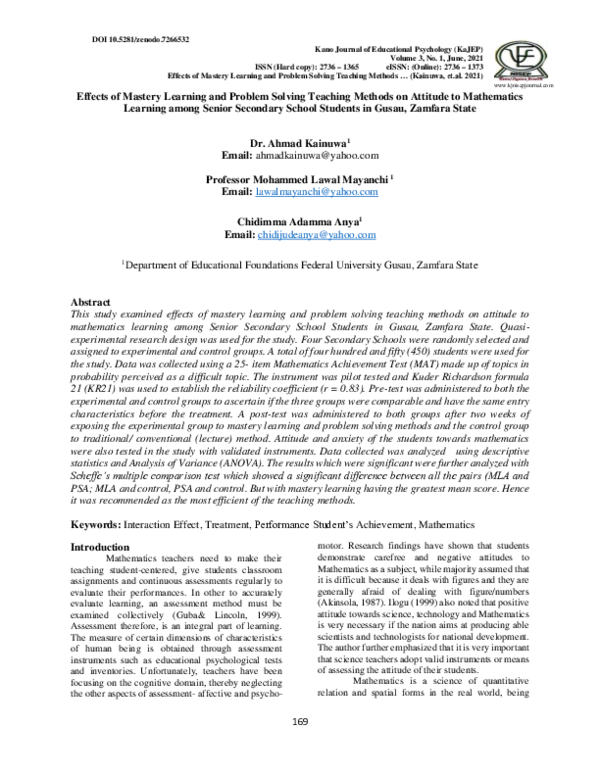 (PDF) Effects of Mastery Learning and Problem Solving Teaching Methods on Attitude to ...