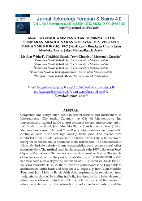(PDF) ANALISIS KINERJA SIMPANG TAK BERSINYAL PADA BUNDARAN MENGGUNAKAN ...