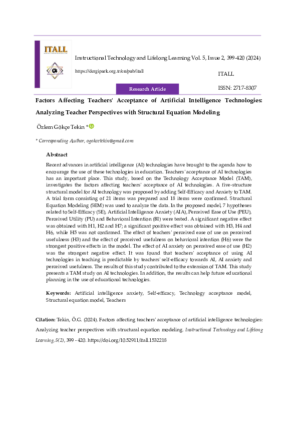 (PDF) Factors Affecting Teachers' Acceptance of Artificial Intelligence Technologies: Analyzing ...