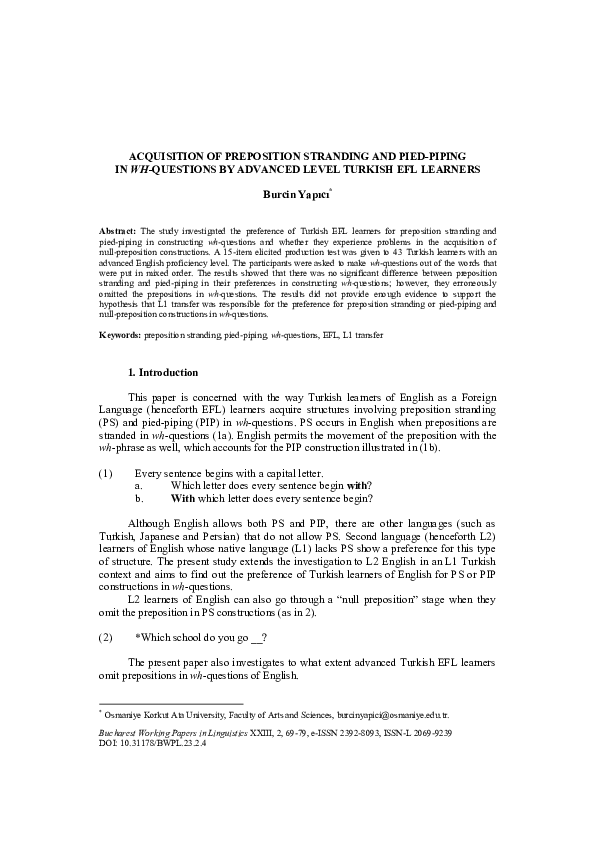 (PDF) Acquisition of preposition stranding and pied-piping in wh-questions